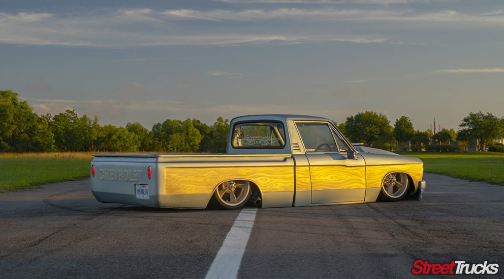 1973 Chevy LUV bodydropped on air with an S10 engine and bumpers!