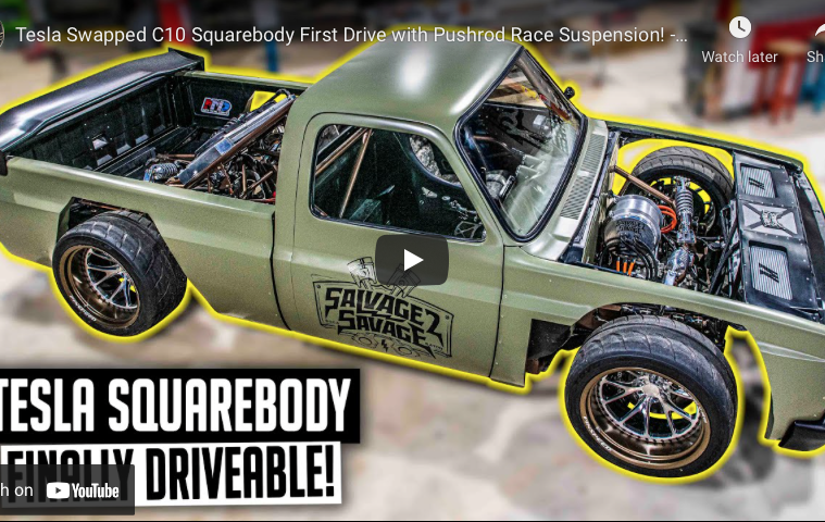 Tesla Swapped C10 Squarebody First Drive with Pushrod Race